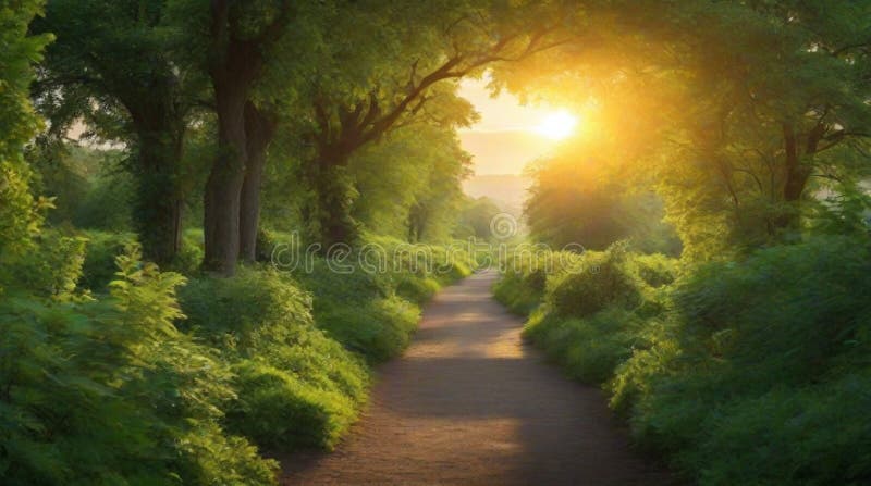 This is a Picture of a Path Way through Greenery. with Sun Setting ...