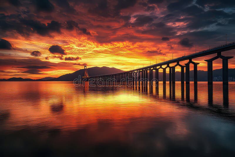 Picture of Penang Bridge at Sunset. Stock Image - Image of light ...