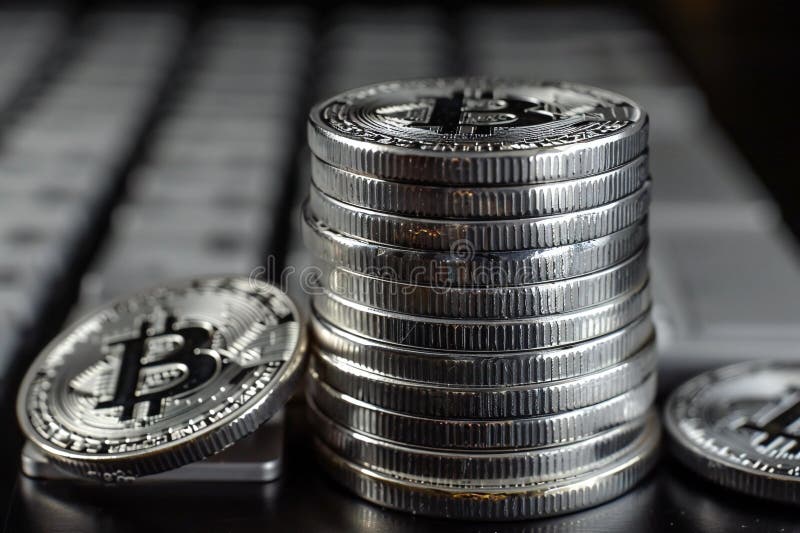 Picture Presenting an Elegant Stack of Silver Coins on the Keyboard ...
