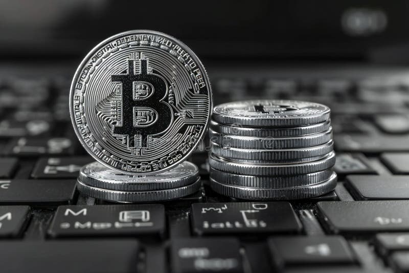 Picture Presenting an Elegant Stack of Silver Coins on the Keyboard ...