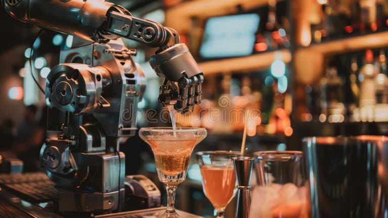 The Robot that Working As Bartender at the Bar and Serving the Beverage ...