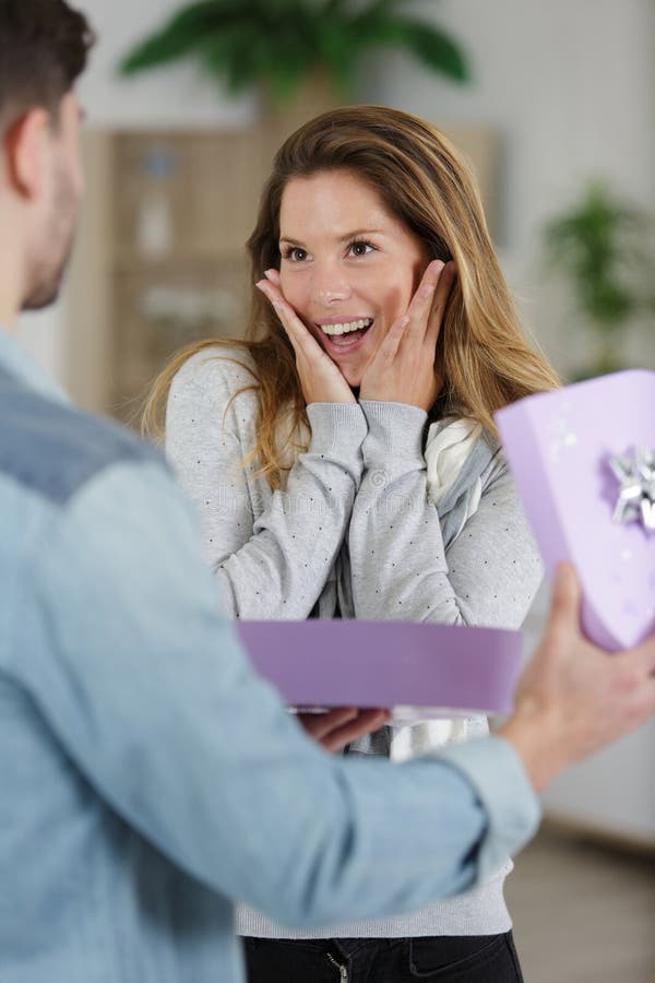 Picture Romantic Couple with Surprise Present Stock Photo - Image of birthday, celebration ...