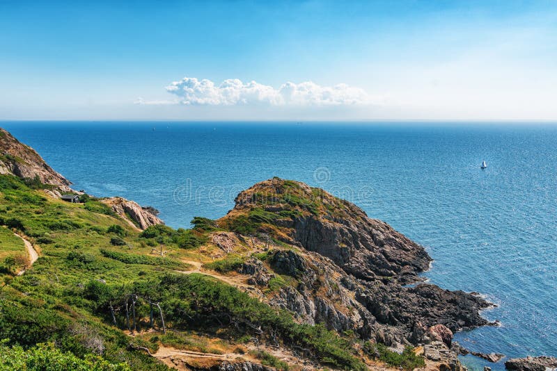Picture of Sea Overview with Boat on the Water and House Stock Image ...