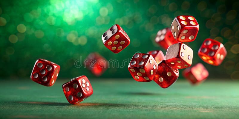Picture of Several Red Dice Falling on Green Table at Background of ...