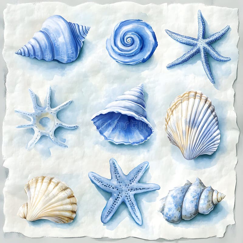 Picture of Several Types of Shells, Blue Starfish on a Light Blue ...