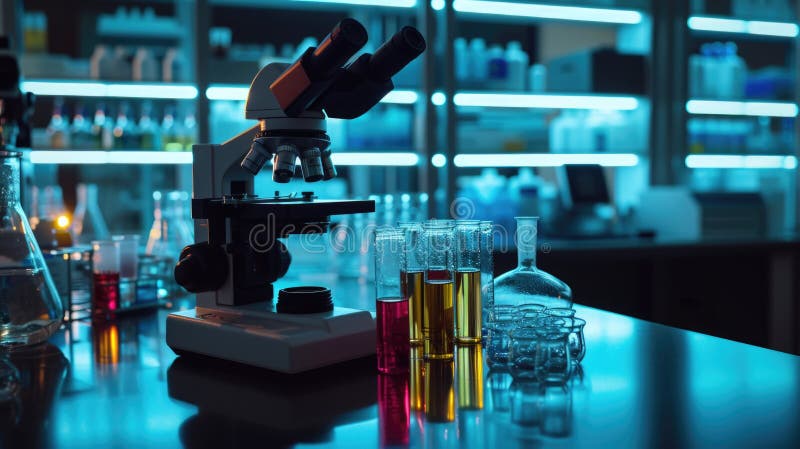 A Picture Showing a Microscope and Test Tubes Placed on a Table. this ...