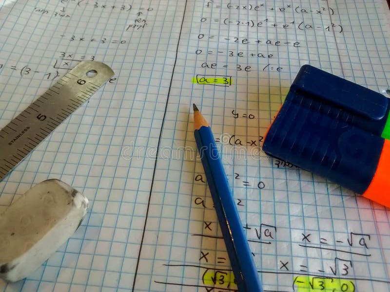 Math Equations Solved on Page, with Pencil, Colorful Markers, Er Stock ...