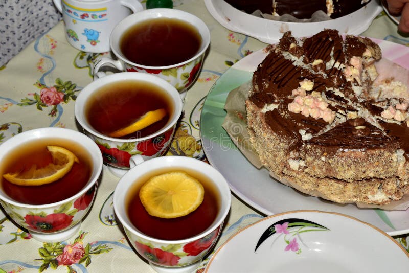 Tea Drinking. Cups of Tea and Cut Cake. Stock Image - Image of sweet ...