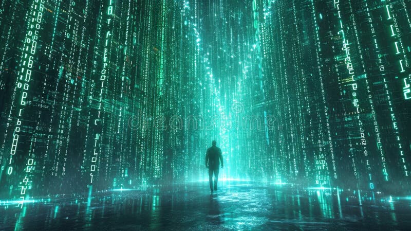 The Single Person Try Searching Something in Digital Matrix Binary Code ...