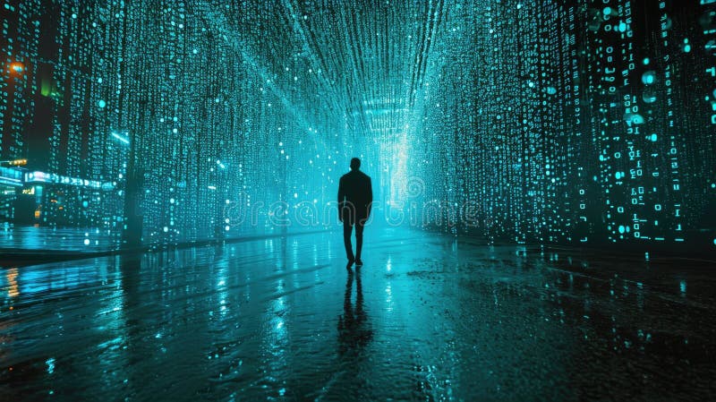 The Single Person Try Searching Something in Digital Matrix Binary Code ...