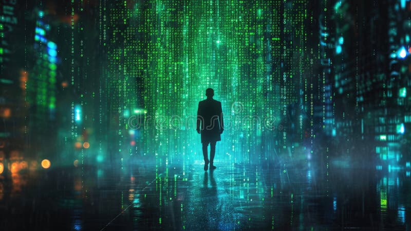 The Single Person Try Searching Something in Digital Matrix Binary Code ...