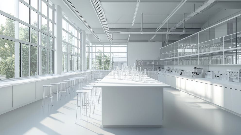 A Picture of a Spotless Laboratory Featuring Stools in White and Grey ...