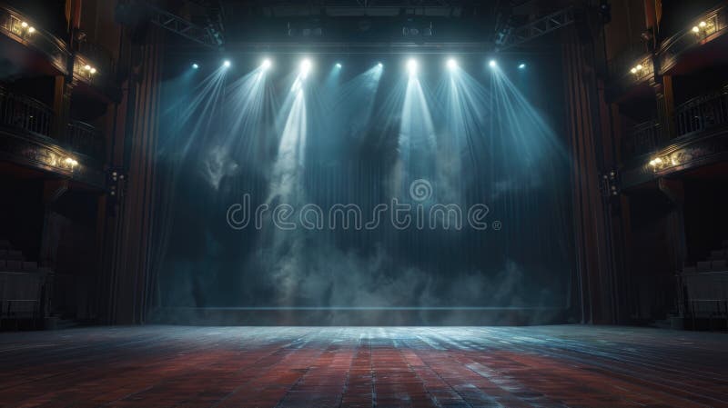 A Picture of a Stage with a Curtain Open, Spotlights Shining on the ...