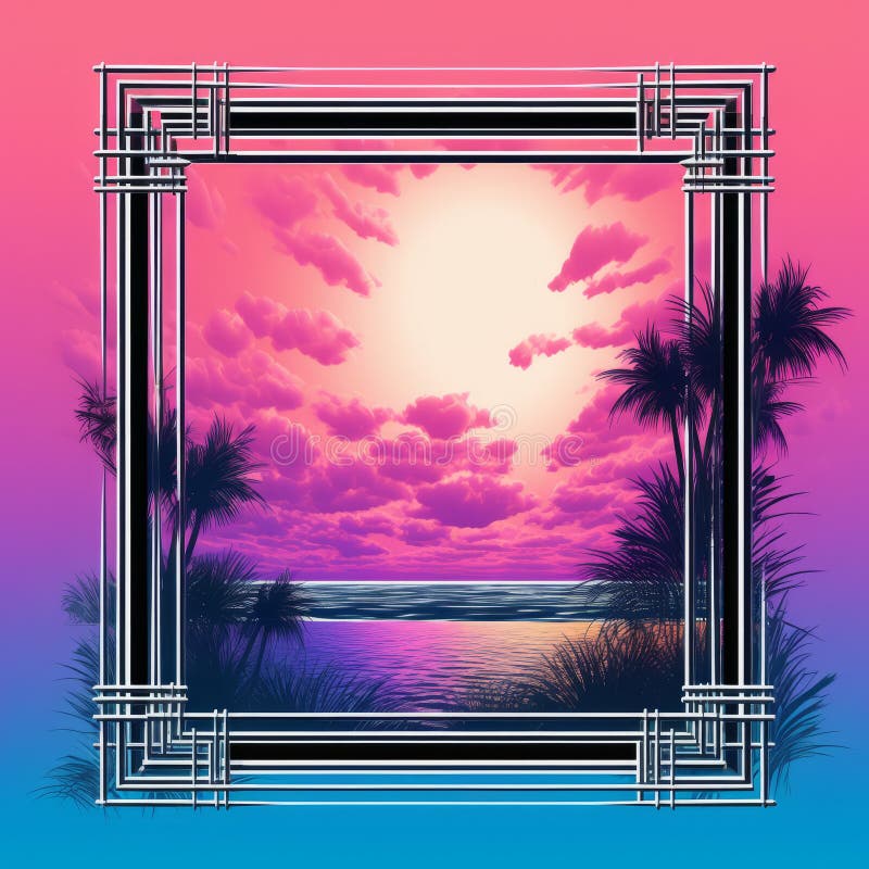 A Picture of a Sunset with Palm Trees in a Frame Stock Illustration ...