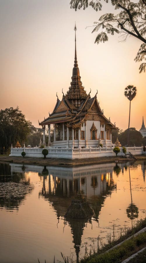 Picture of a Thai Temple by the River with a Reflection of the Temple ...