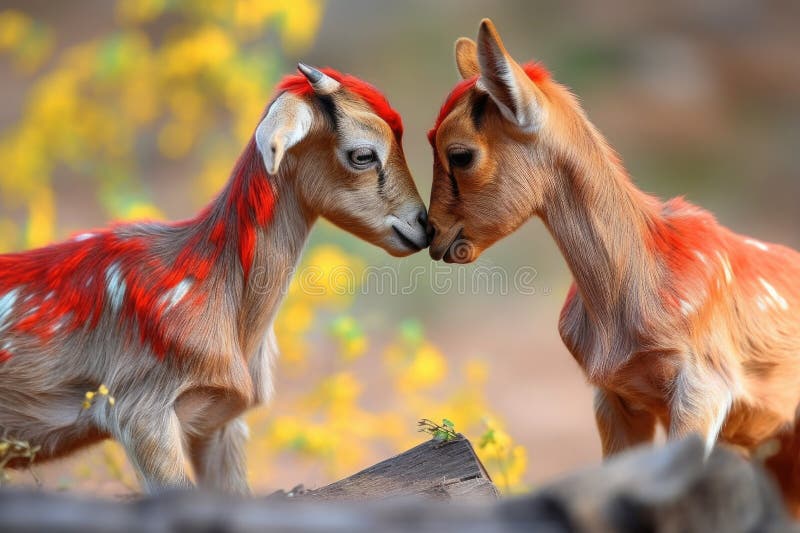 Picture of Two Tiny Goats Playfully Head-butting Each Other in Bright ...
