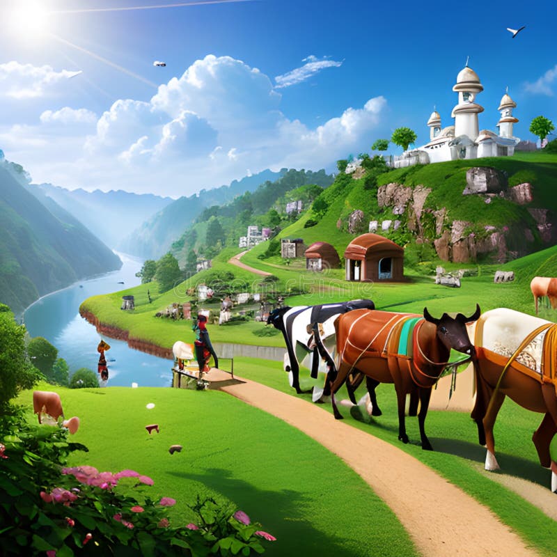 A Picture of the Village Cows and Landscape Stock Image - Image of farm ...