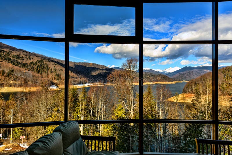 Picture Window with a View of Mountain Lake Stock Image - Image of open ...