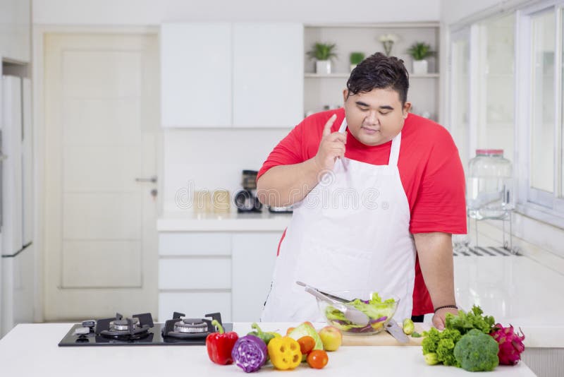 Obese Man Thinking an Idea in the Kitchen Stock Image - Image of ...