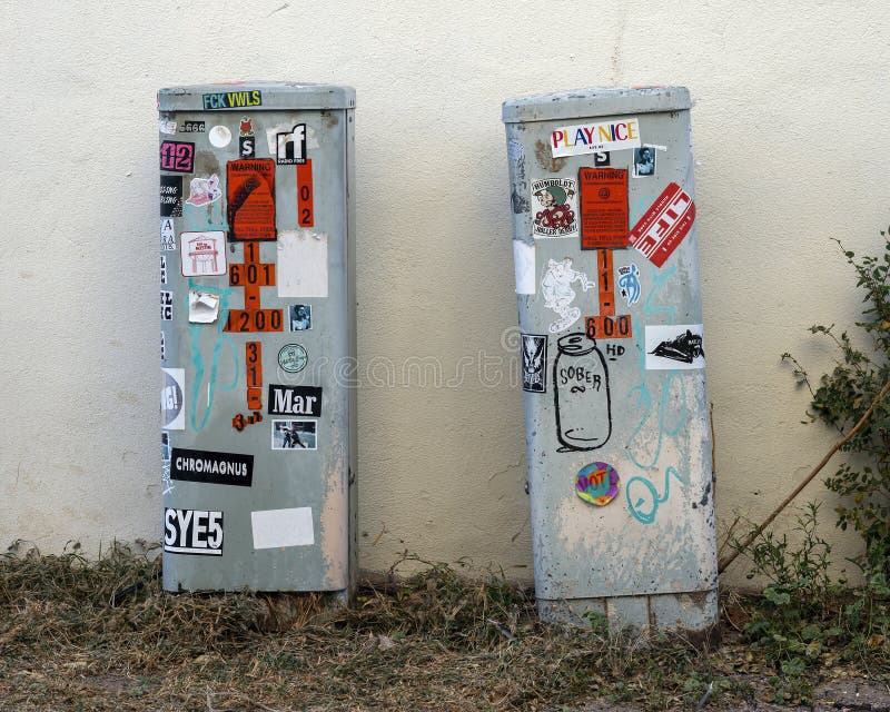 Electric Boxes Covered with Graffiti Stickers Small Paintings in Marfa ...