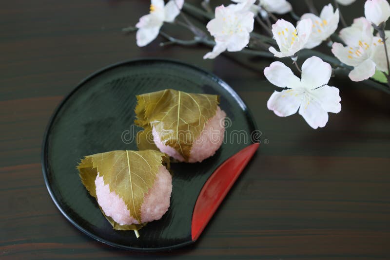 Rice Cake with Bean Paste Wrapped in a Preserved Cherry Leaf Stock ...