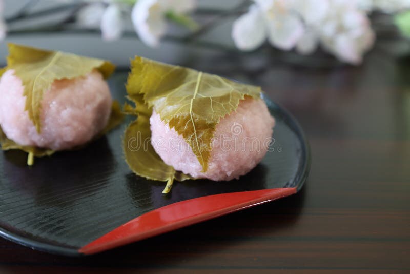 Rice Cake with Bean Paste Wrapped in a Preserved Cherry Leaf Stock ...
