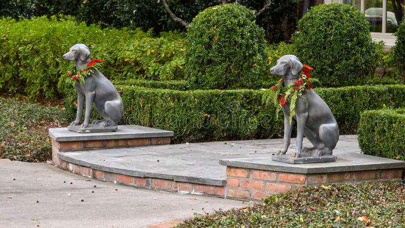 Grey Statues of Labrador Retrievers Sitting in Front of an Expensive ...