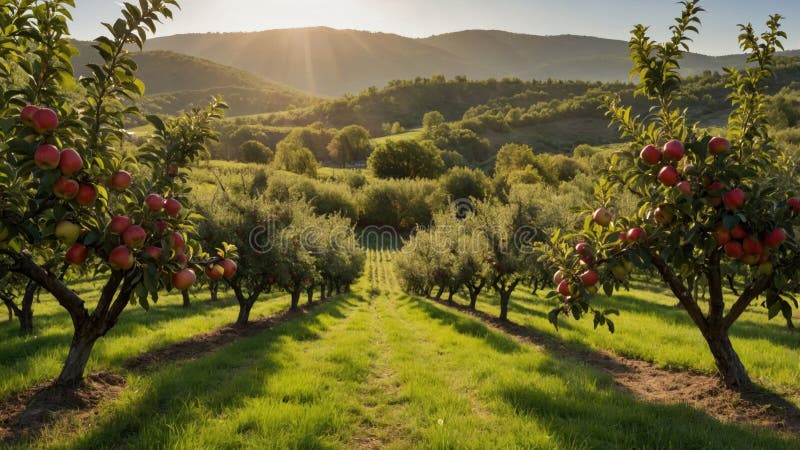 Scenic Apple Orchard at Golden Hour: Rows of Lush Trees Stock ...