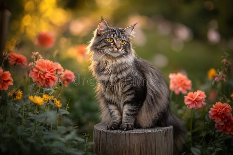 A Picturesque Blooming Meadow with a Cute Cat Enjoying a Scratching ...