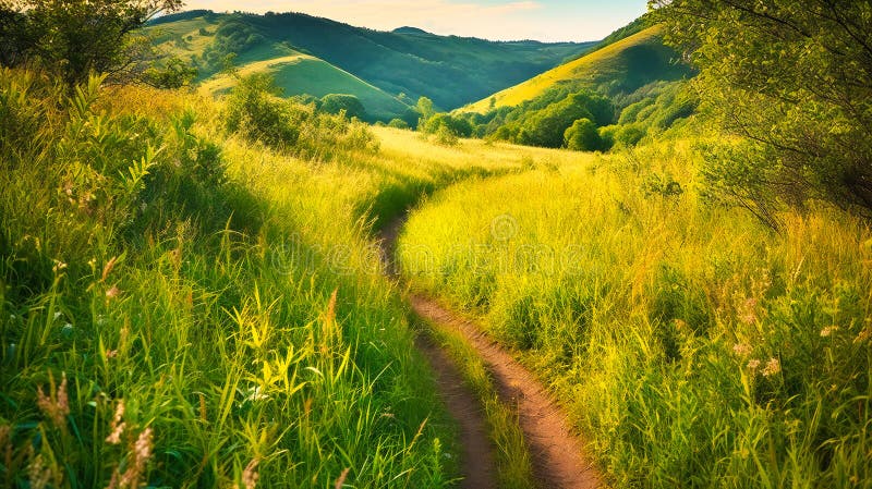 A Picturesque, Calming Scene of a Sunlit Meadow and Hills Stock ...