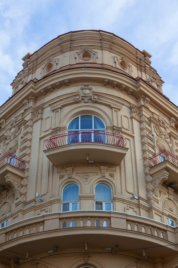 Picturesque Corner Building with Carved Stucco Pattern Stock Photo ...