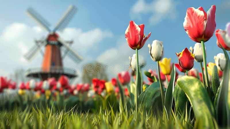 Picturesque Dutch Tulip Field with Historic Windmill Stock Photo ...