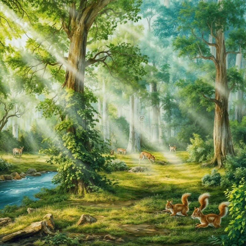 Bright Forest Morning Sunlight and Squirrels Stock Illustration ...