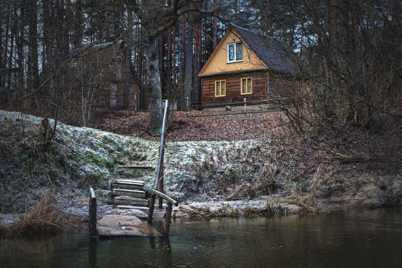 Picturesque House on the Shore of a Forest Stream Stock Image - Image ...