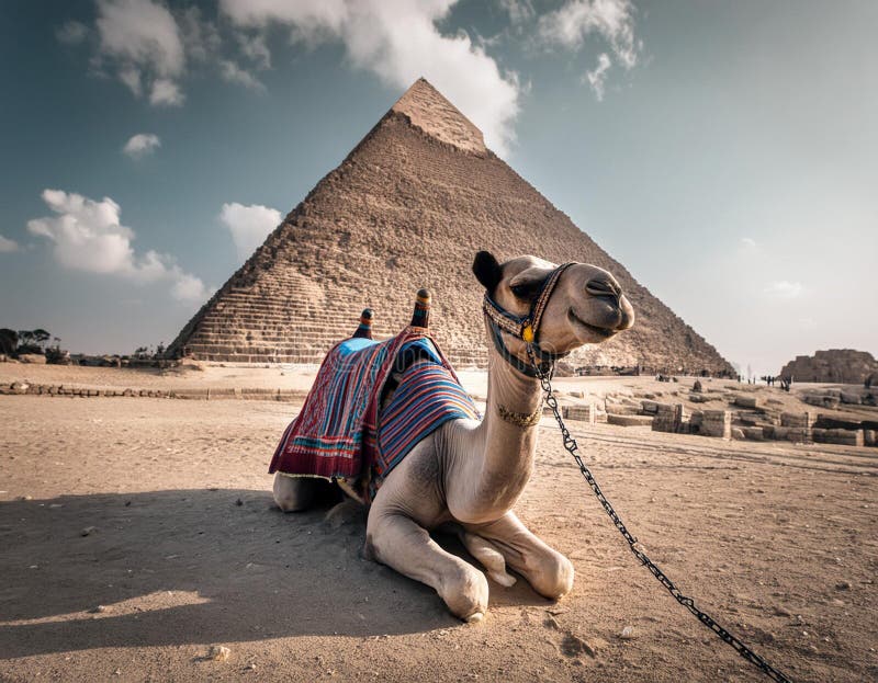 An Egyptian Camel Sitting in Front of the Pyramid of Giza Stock ...