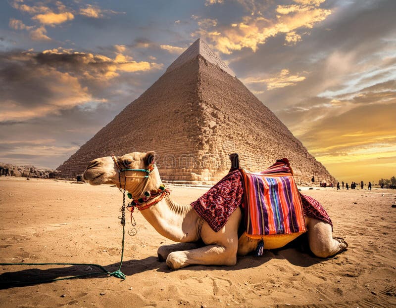 An Egyptian Camel Sitting in Front of the Pyramid of Giza Stock ...