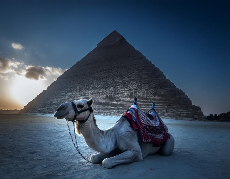 An Egyptian Camel Sitting in Front of the Pyramid of Giza Stock ...