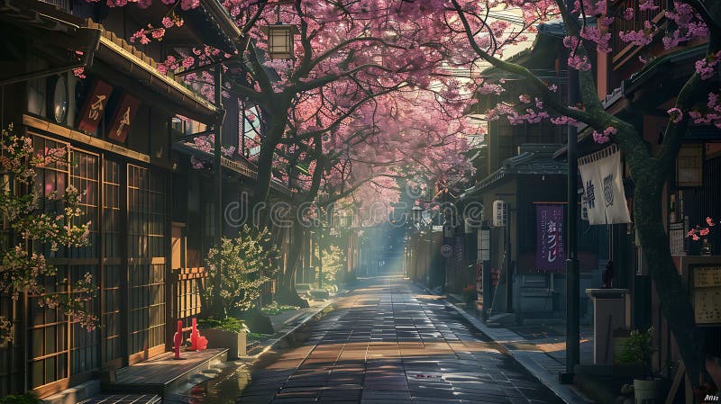 Picturesque Japanese Street in Spring Stock Photo - Image of green ...