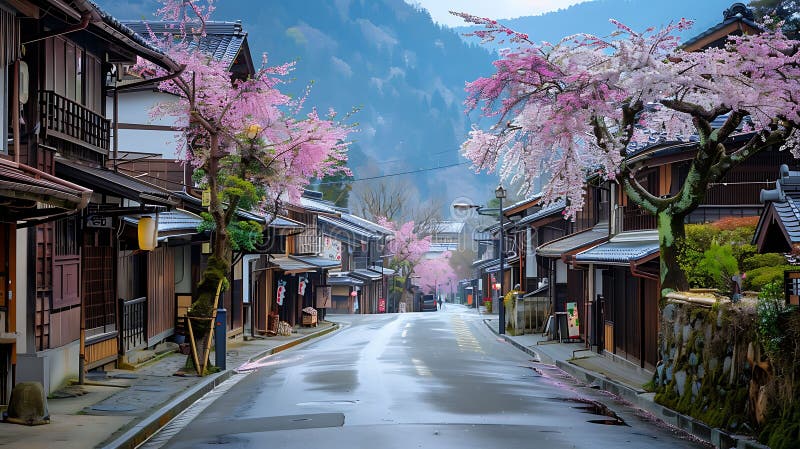 Picturesque Japanese Street in Spring Stock Photo - Image of cherry ...