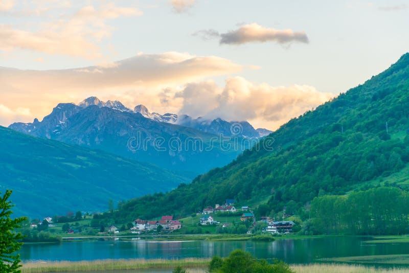 Picturesque Lake Plav in the Mountains. Stock Image - Image of cloudy ...