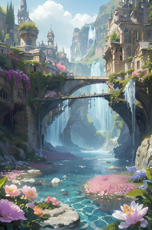 Picturesque Landscape Featuring a Castle, a Bridge, and a Waterfall ...