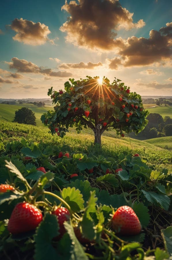 Magical Strawberry Tree at Sunset, Idyllic Summer Harvest Stock ...