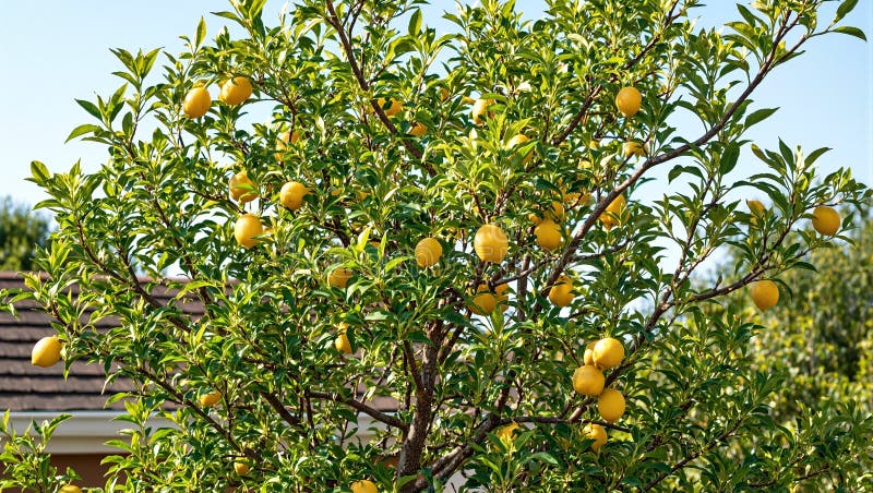 Picturesque Lemon Tree Bearing Ripe Fruit Under Clear Sky Stock ...