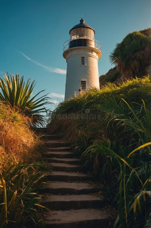 Stone Steps Leading To a Coastal Lighthouse at Sunset Stock ...