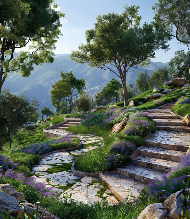 A Picturesque Mountain Landscape Path with Stone Steps Generated Using ...