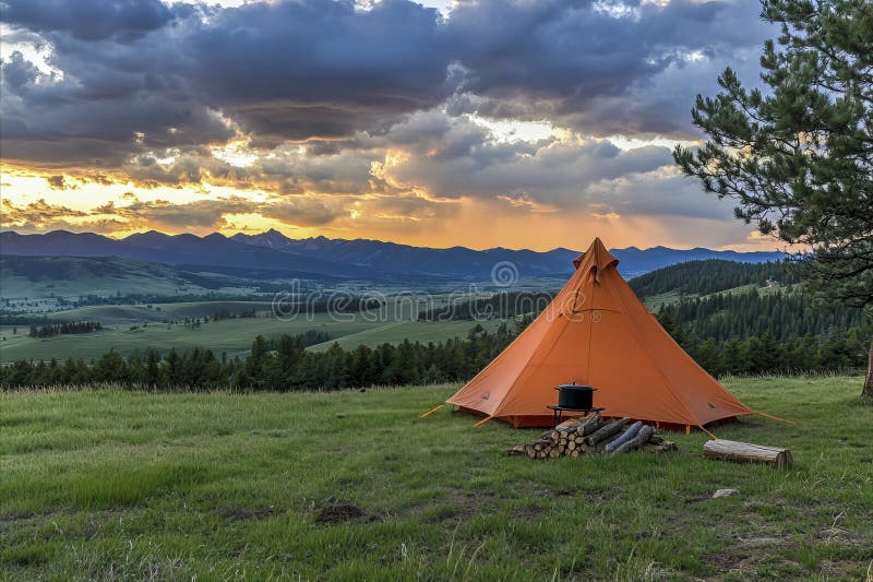 A Picturesque Orange Tent Set Up on a Grassy Hill, Surrounded by ...