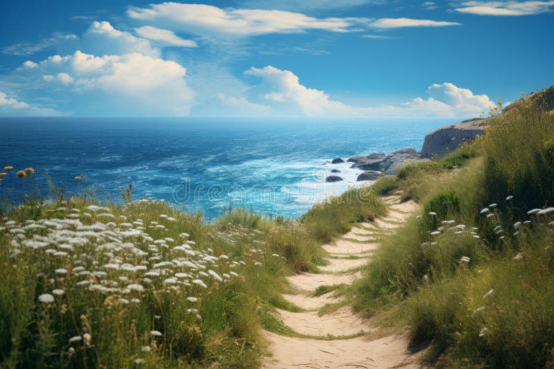 Picturesque Path Leading Ocean. Generate Ai Stock Image - Image of blue ...
