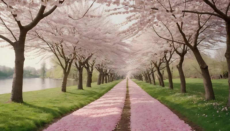 Pink Petal Path Under Blossoming Cherry Trees Stock Illustration ...