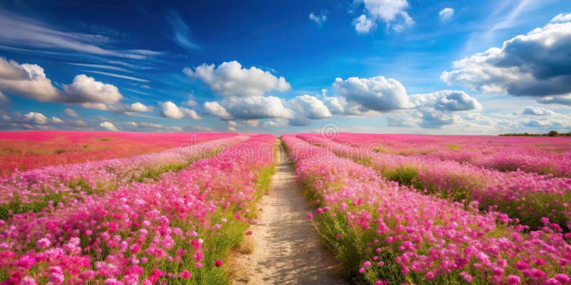 A Picturesque Path Meanders through Vibrant Pink Flower Fields Under a ...