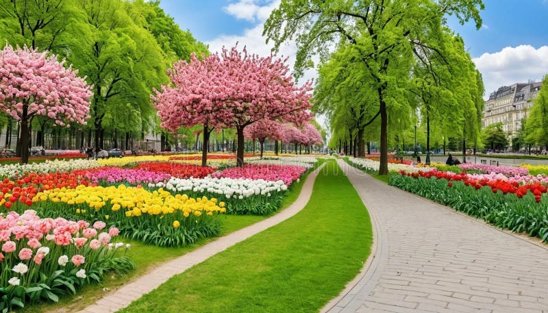 Serene Springtime Walkway with Blooming Tulips and Cherry Blossoms ...